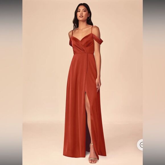 Azazie | Dresses | Azazie Bridesmaid Rust A Line Pleated Bodice High ...